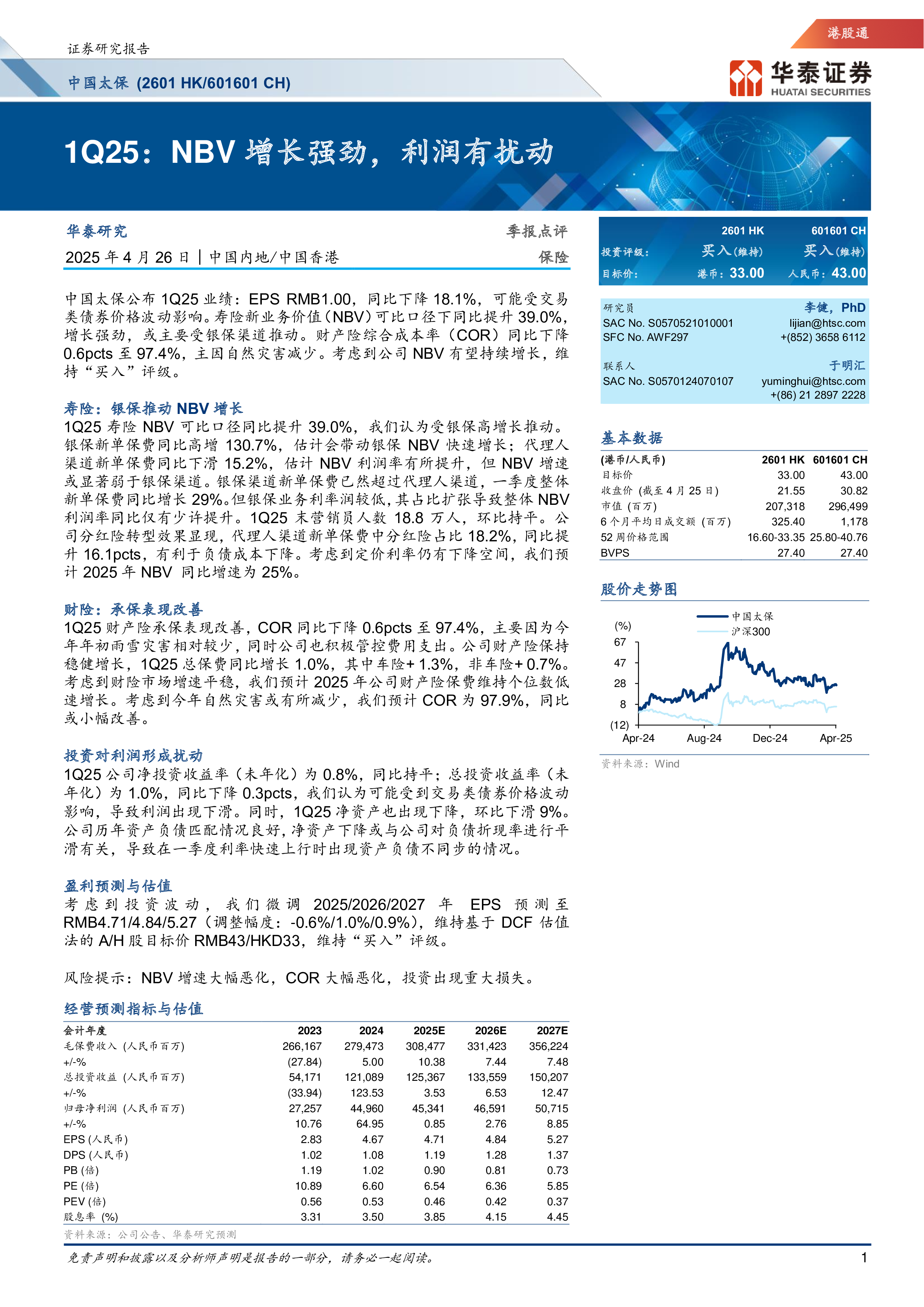 中国太保（601601）：1Q25：NBV增长强劲，利润有扰动-洞见研报-行业报告