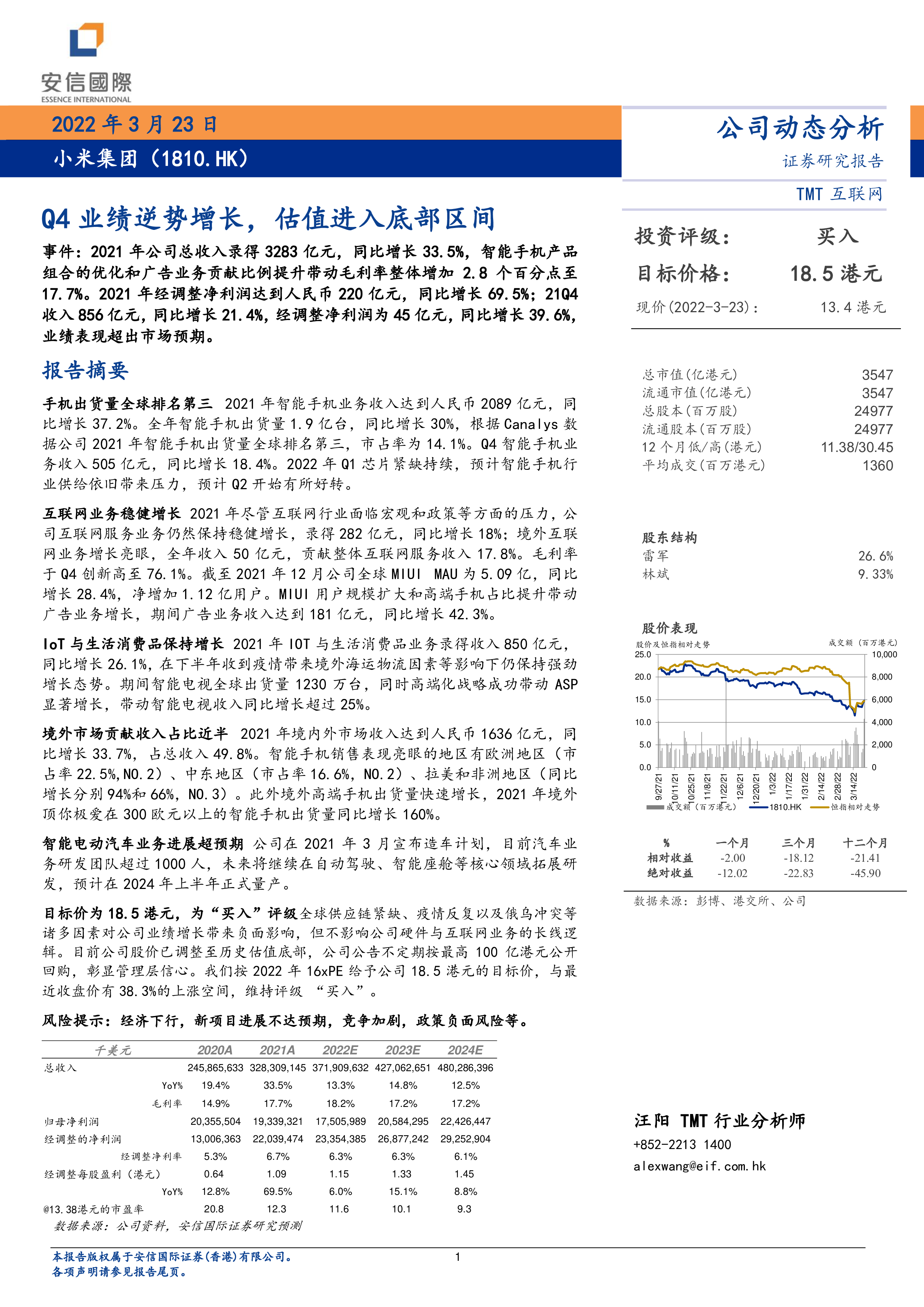 小米集团-W（01810）：Q4业绩逆势增长，估值进入底部区间-洞见研报-行业报告