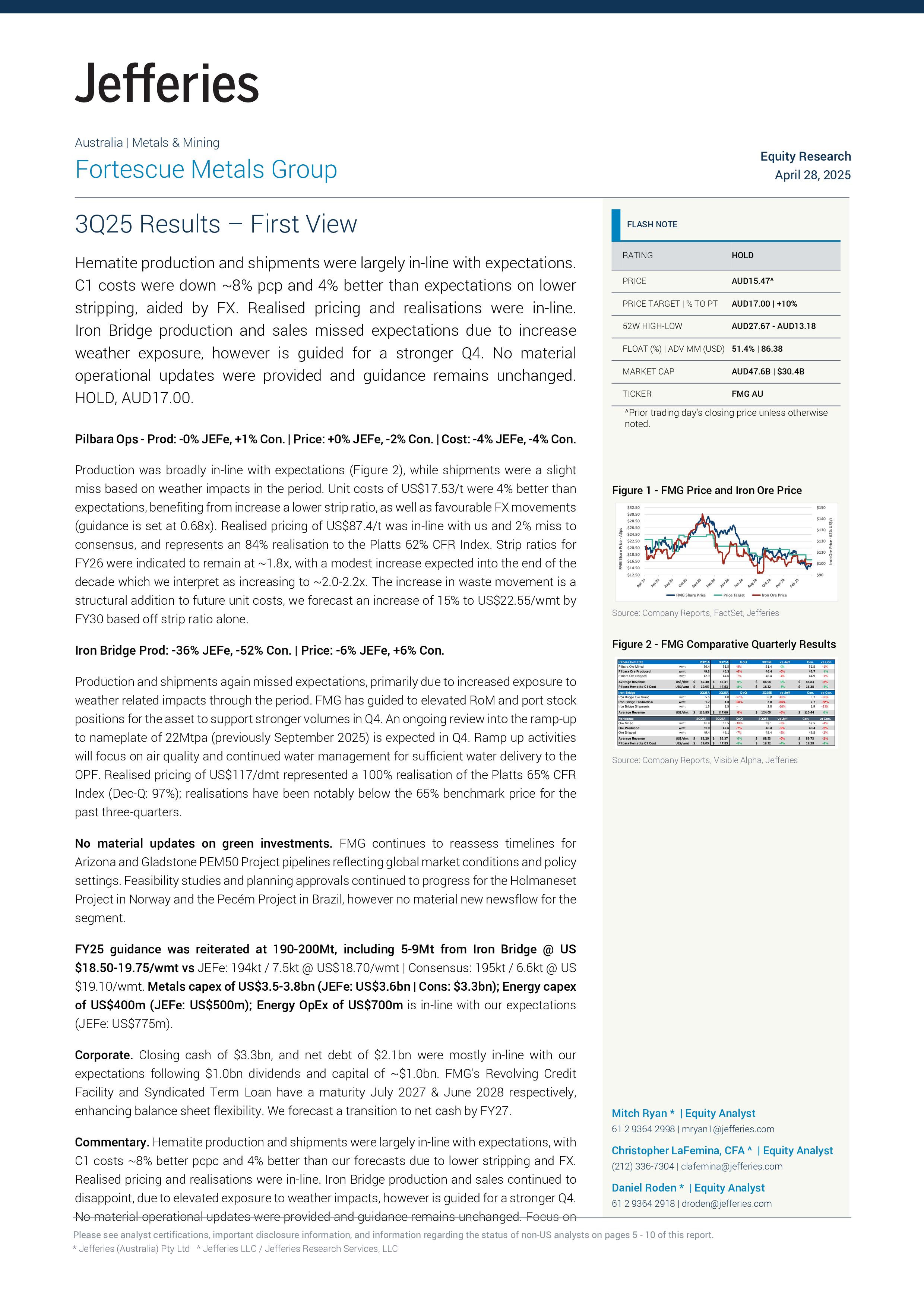 fortescue金属集团（FMG AU）：2025年第三季度业绩 - 初步观点-洞见研报-行业报告