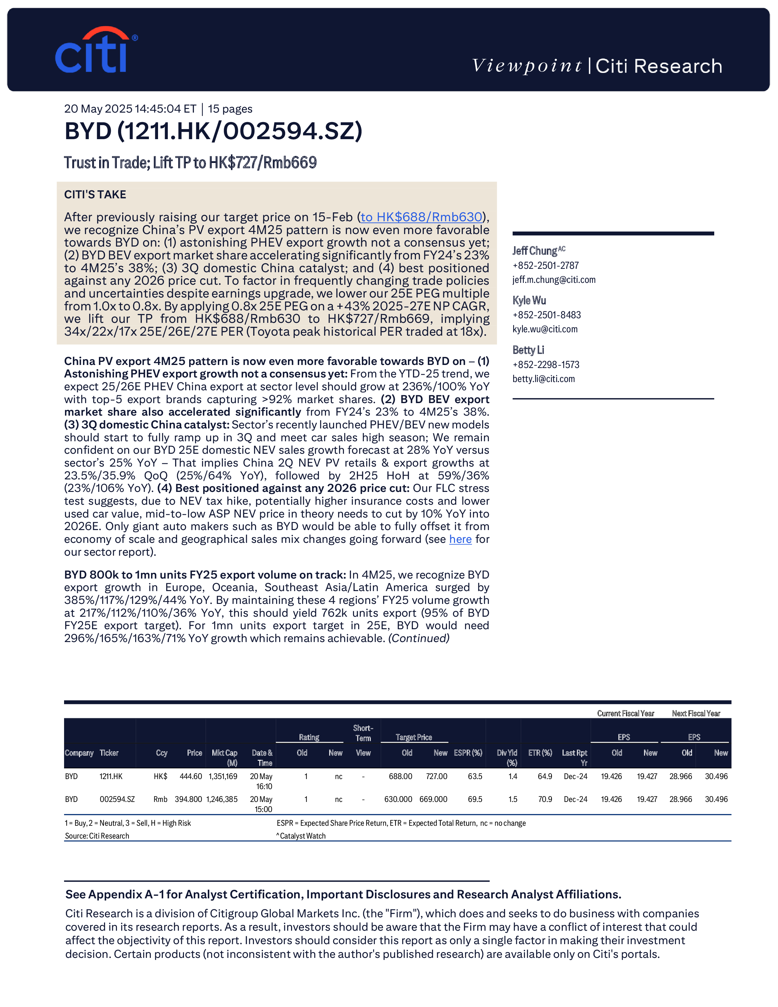 比亚迪（1211）：比亚迪（1211.HK 002594.SZ）相信贸易；将目标价上调至727港元 669元人民币-洞见研报-行业报告