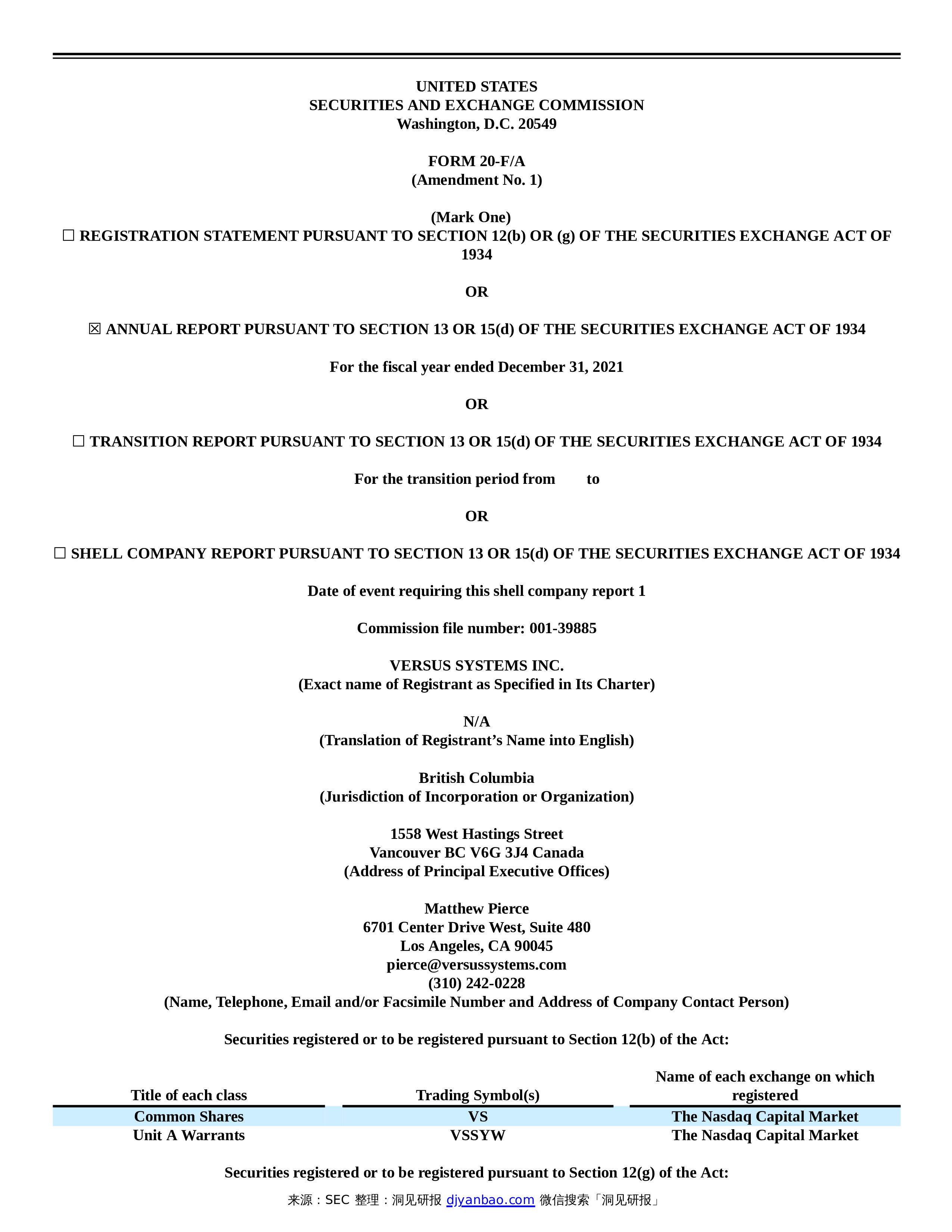 SEC Form 20 F A Versus Systems Inc SEC Form 20 F A Versus Systems Inc