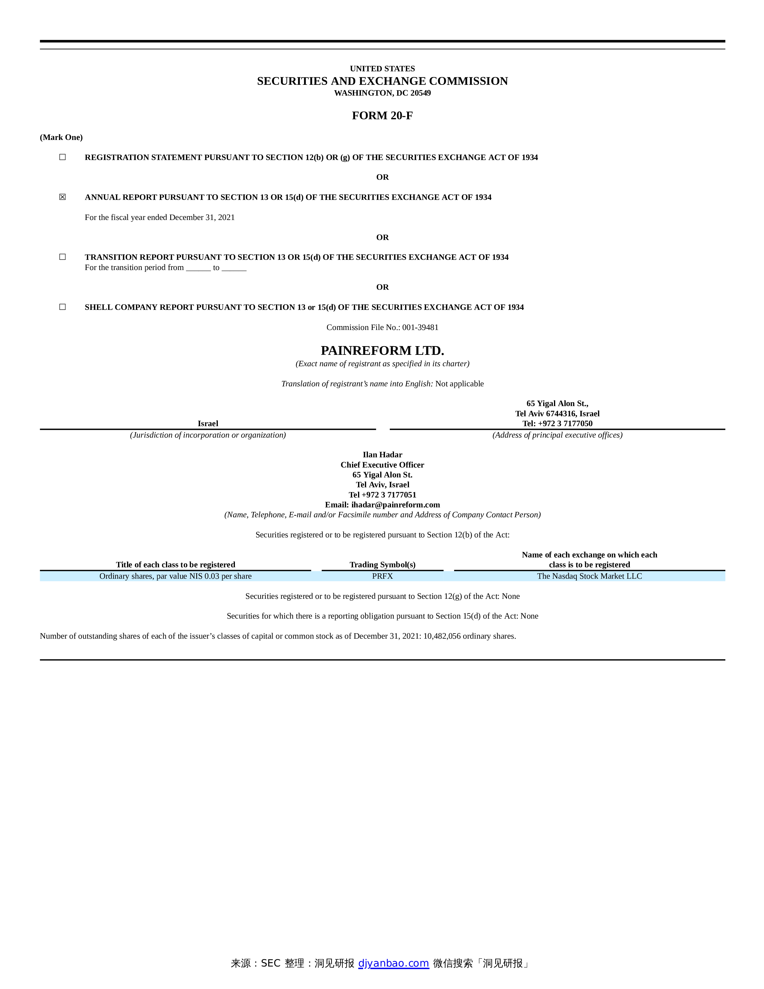 SEC Form 20 F PAINREFORM LTD SEC Form 20 F PAINREFORM LTD