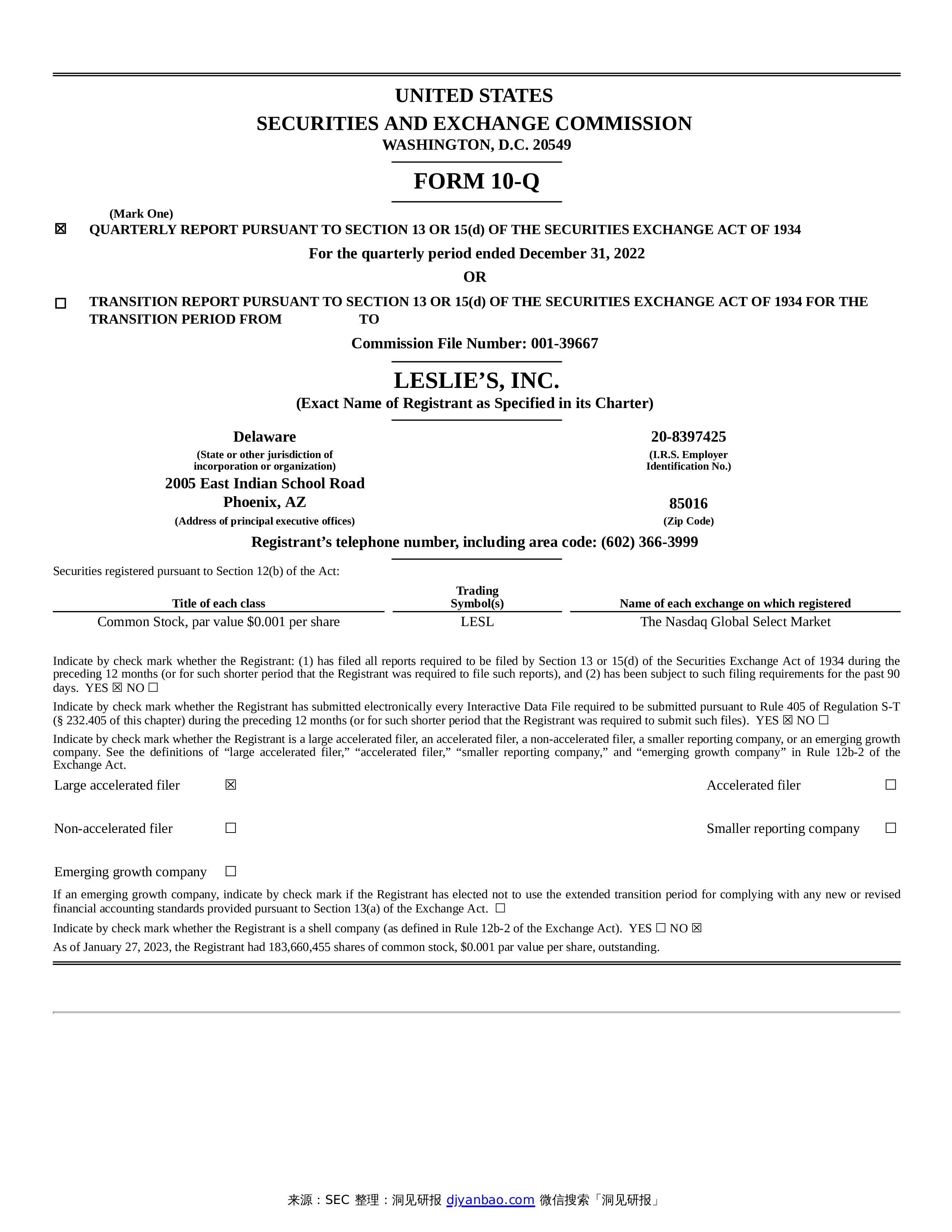 Form 10-Q Leslie's, Inc. -洞见研报-行业报告