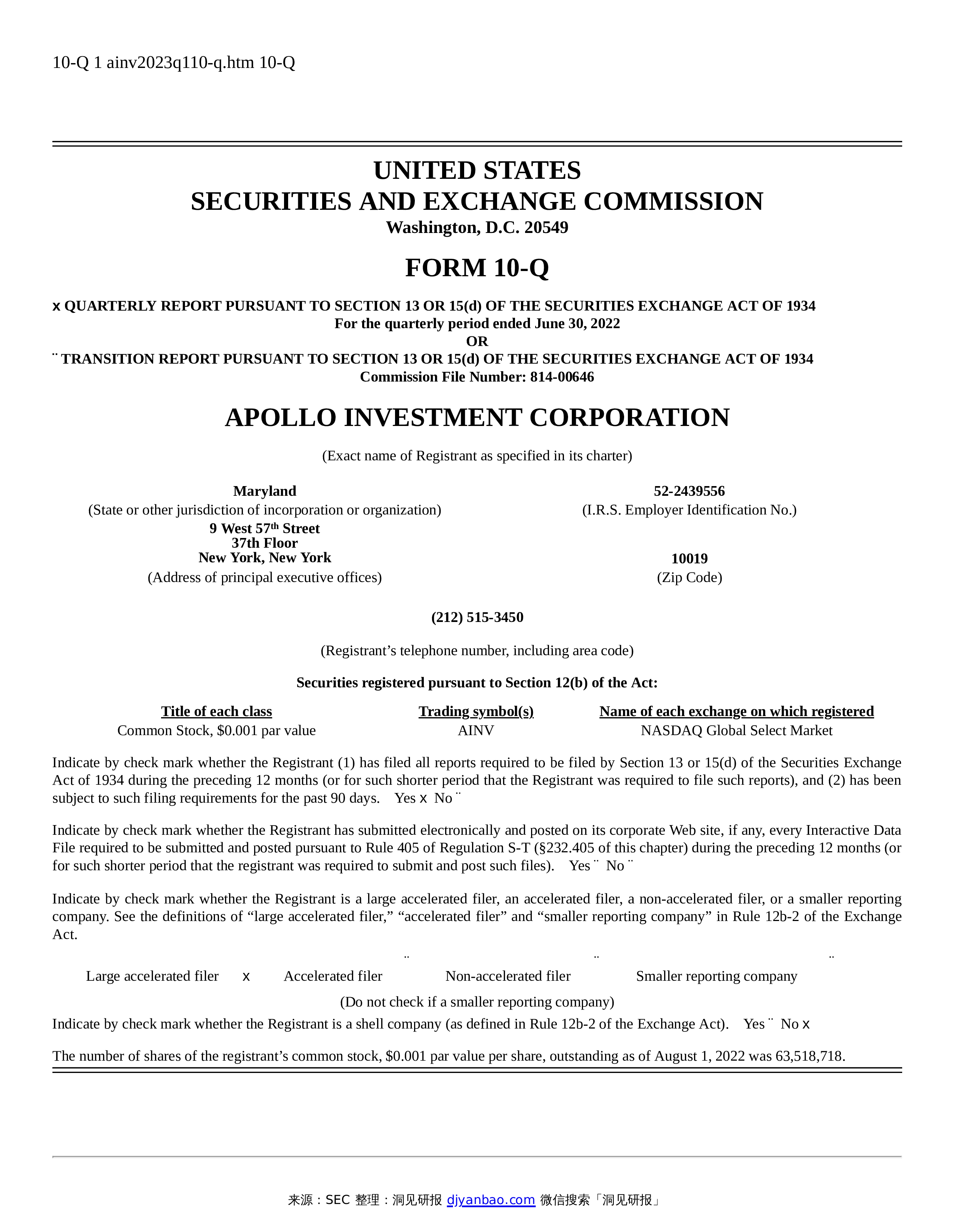Form 10-Q APOLLO INVESTMENT CORP -洞见研报-行业报告