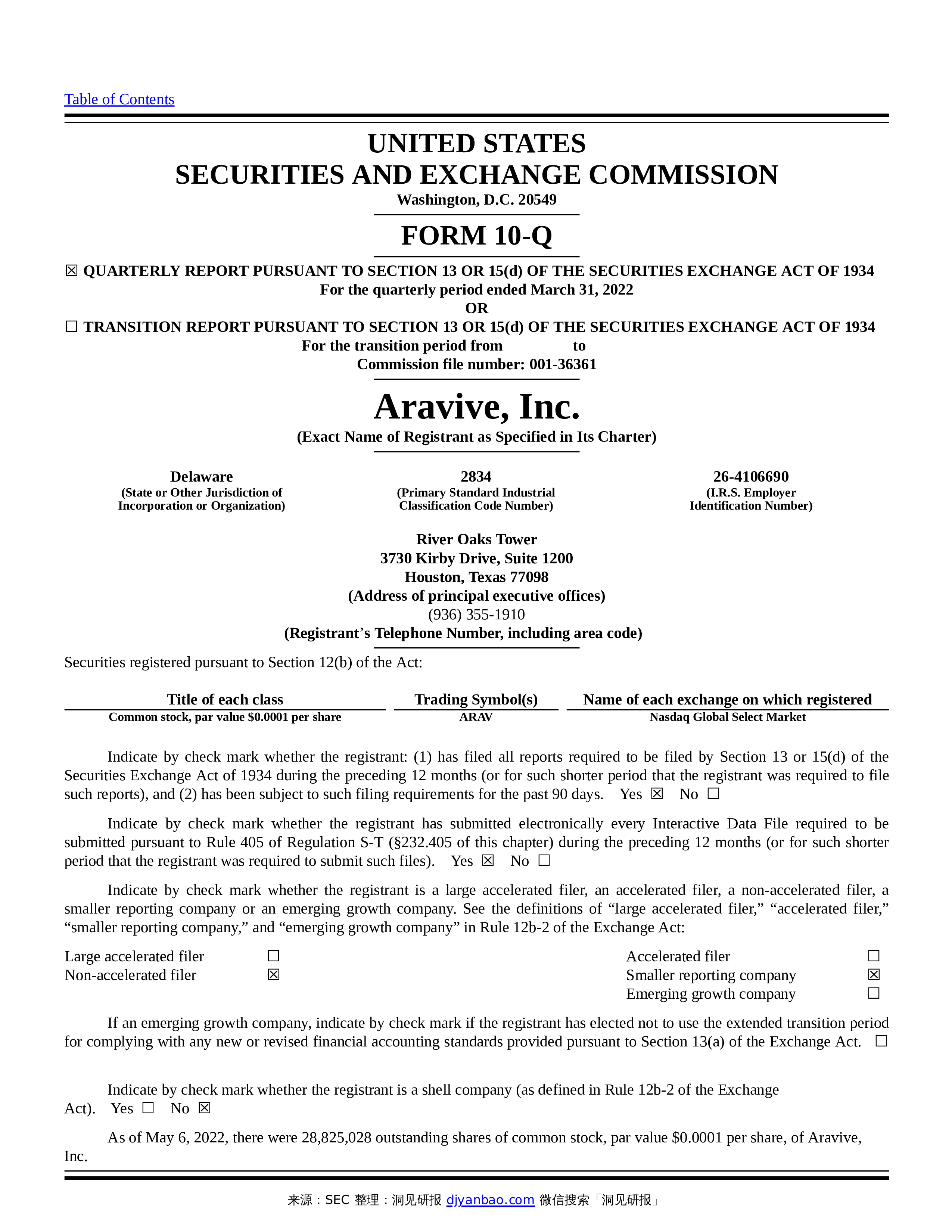 Form 10-Q Aravive, Inc. -洞见研报-行业报告