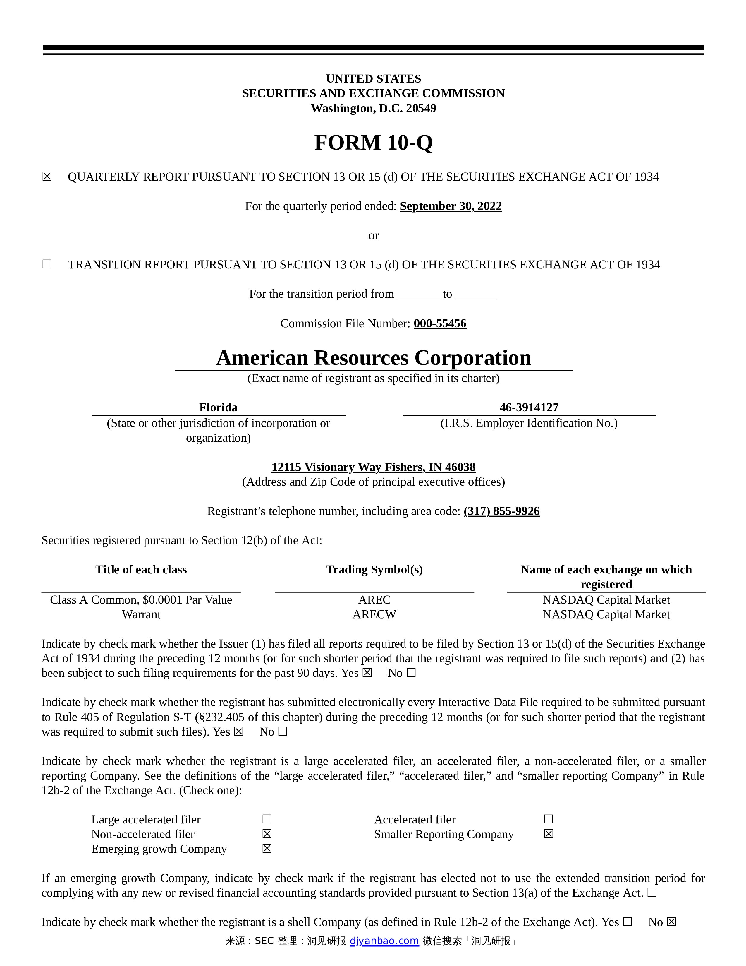 Form 10-Q American Resources Corp -洞见研报-行业报告