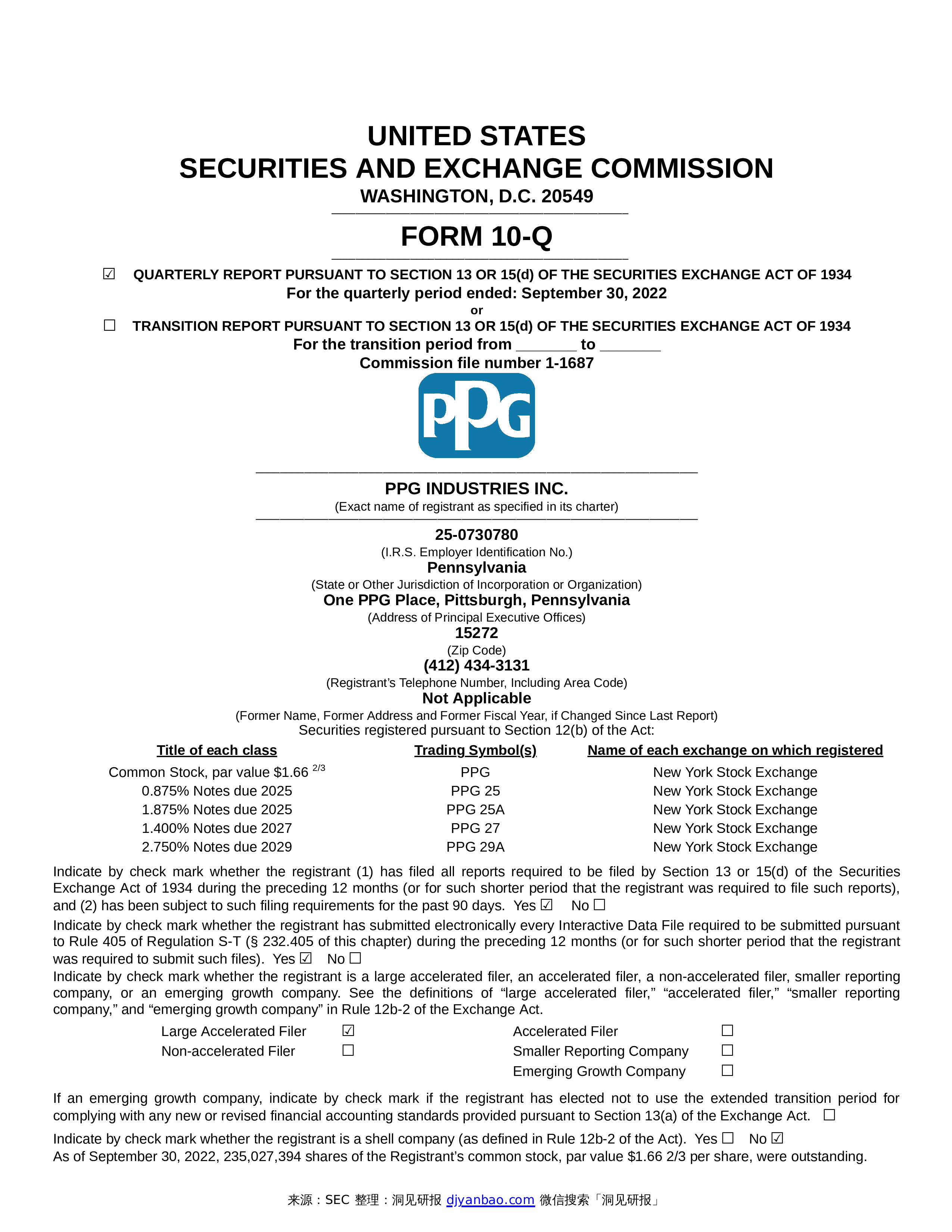 Form 10-Q PPG INDUSTRIES INC -洞见研报-行业报告