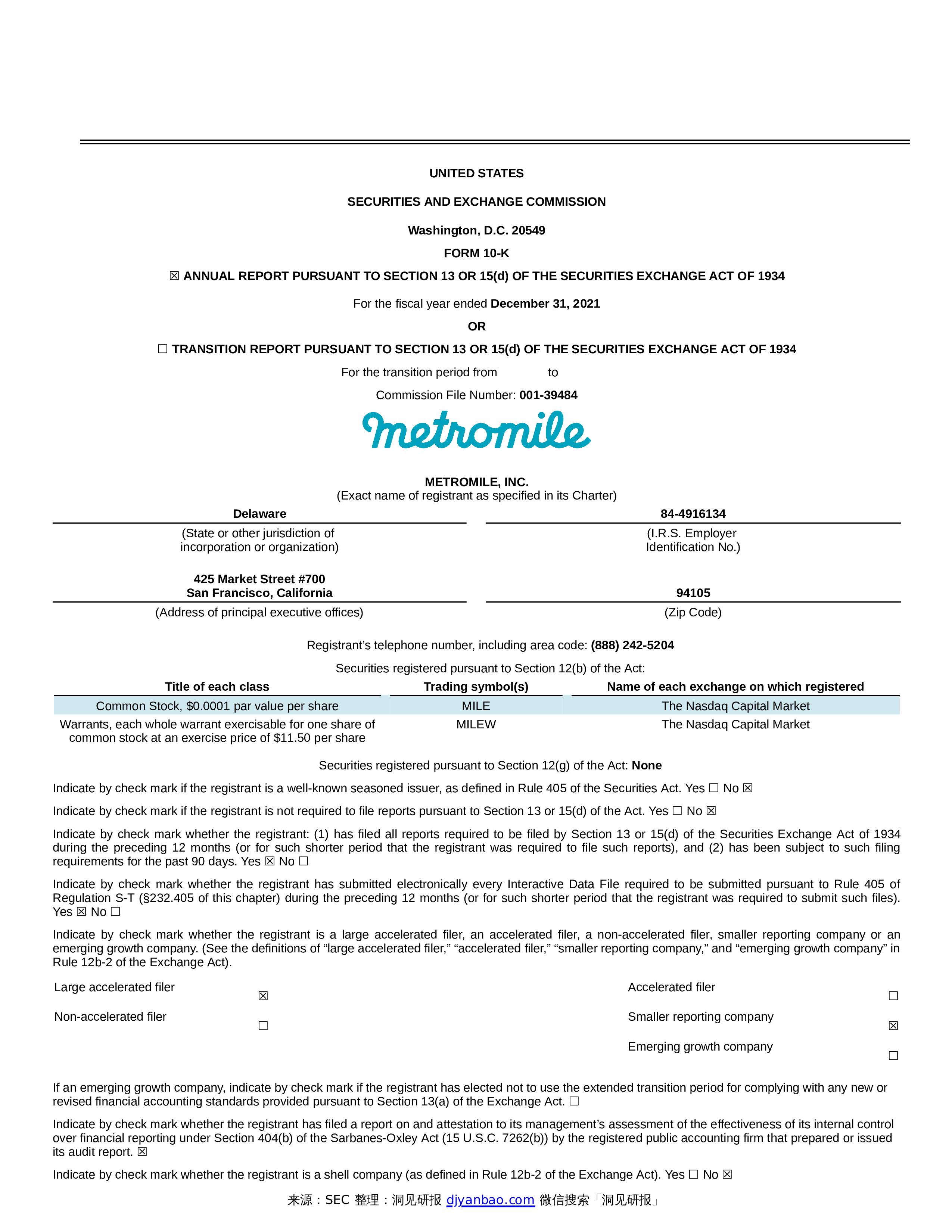 SEC Form 10 K Metromile Inc SEC Form 10 K Metromile Inc