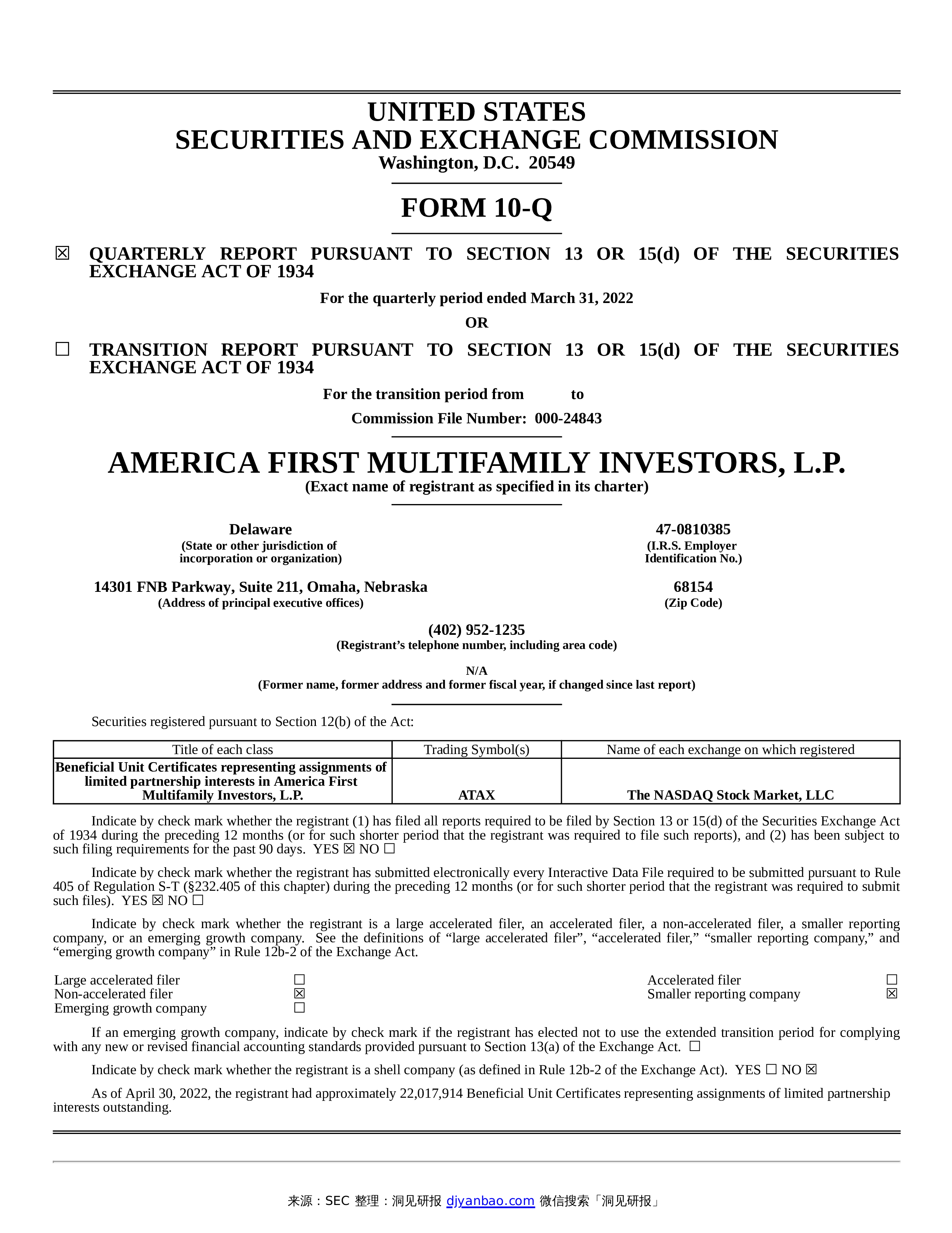 【SEC】Form 10-Q AMERICA FIRST MULTIFAMILY INVESTORS, L.P.