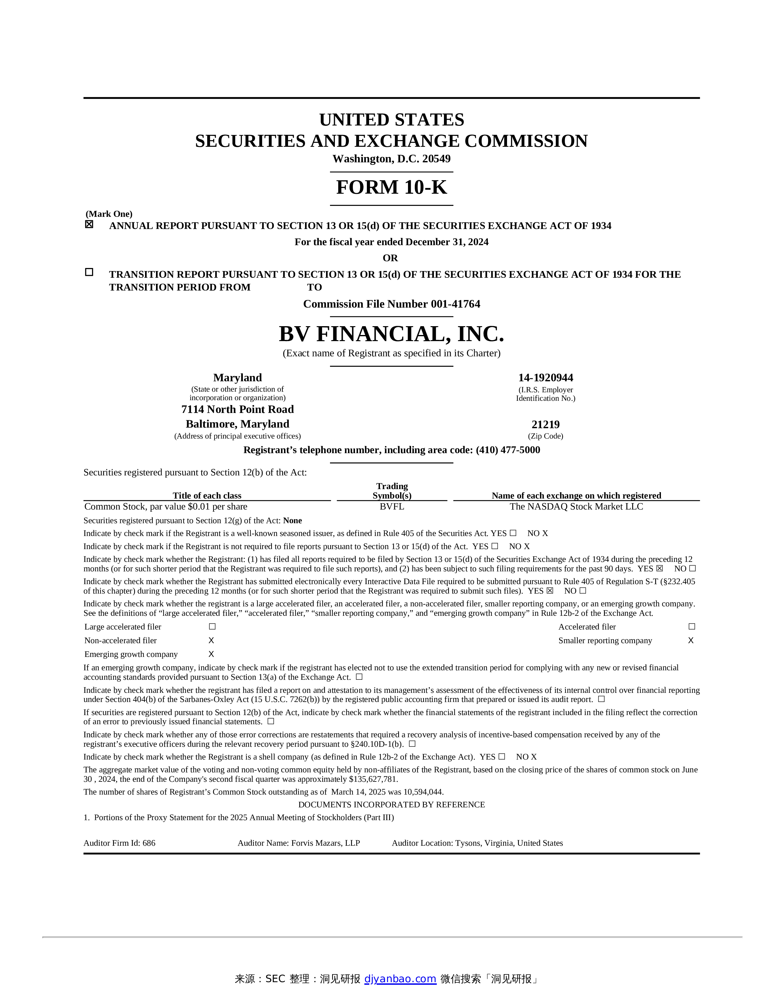 Form 10-K BV Financial, Inc. -洞见研报-行业报告